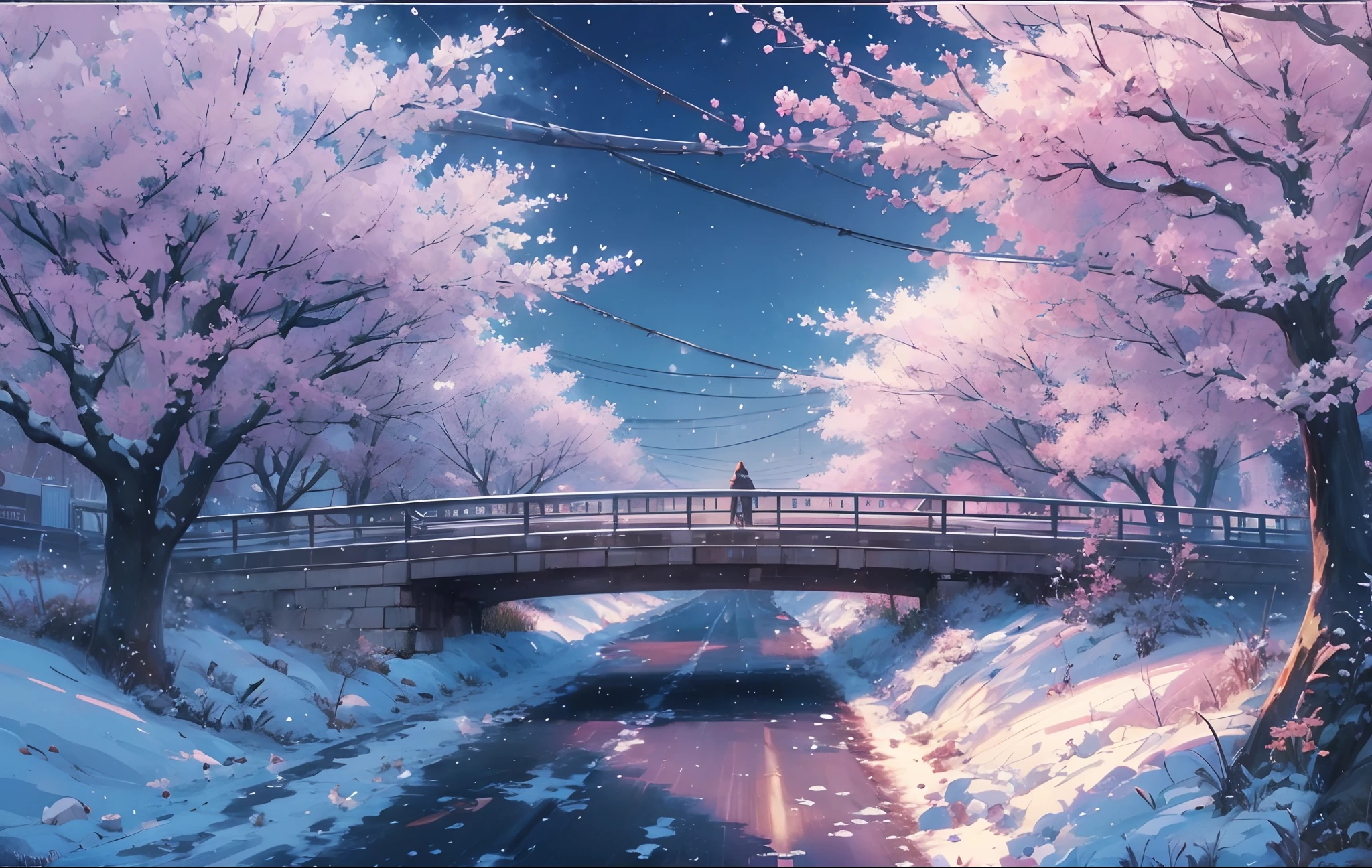 Anime scenery of a bridge over a snowy river with trees - SeaArt AI