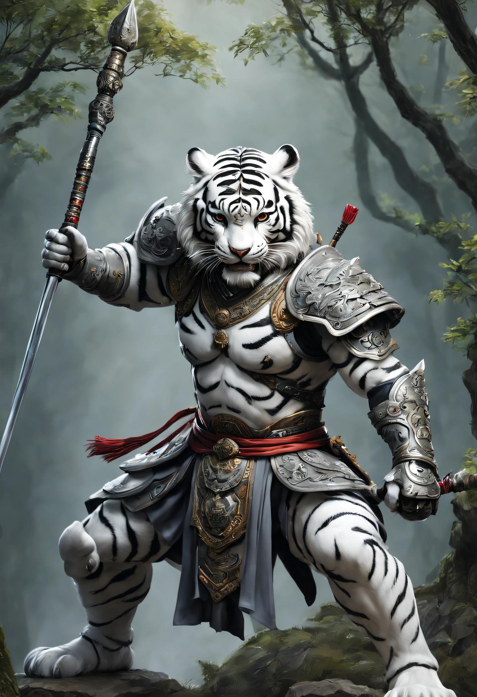 A white tiger warrior with a sword and armor standing on a rock - SeaArt AI