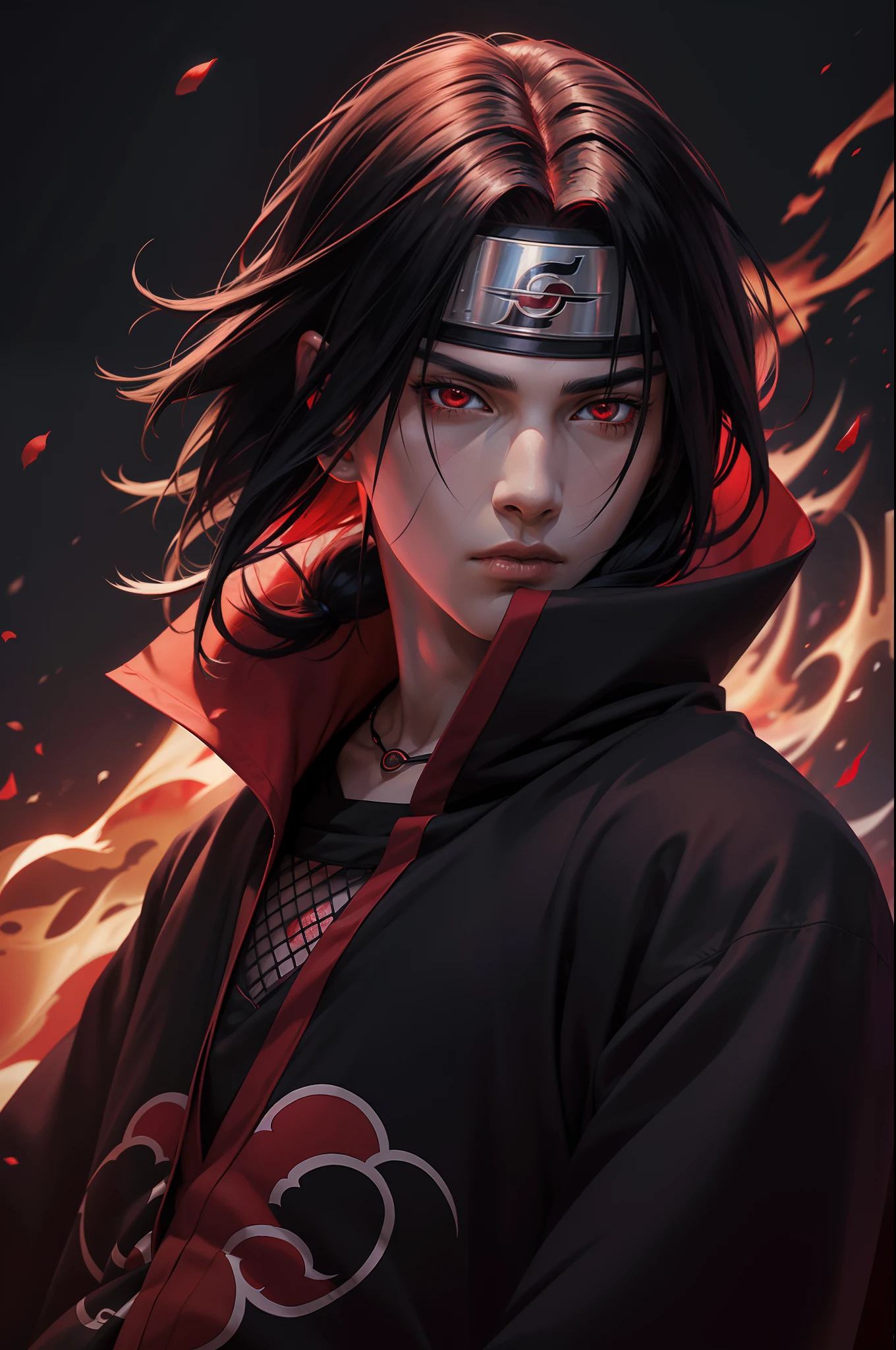 A man with a black jacket and red eyes standing in front of a fire ...