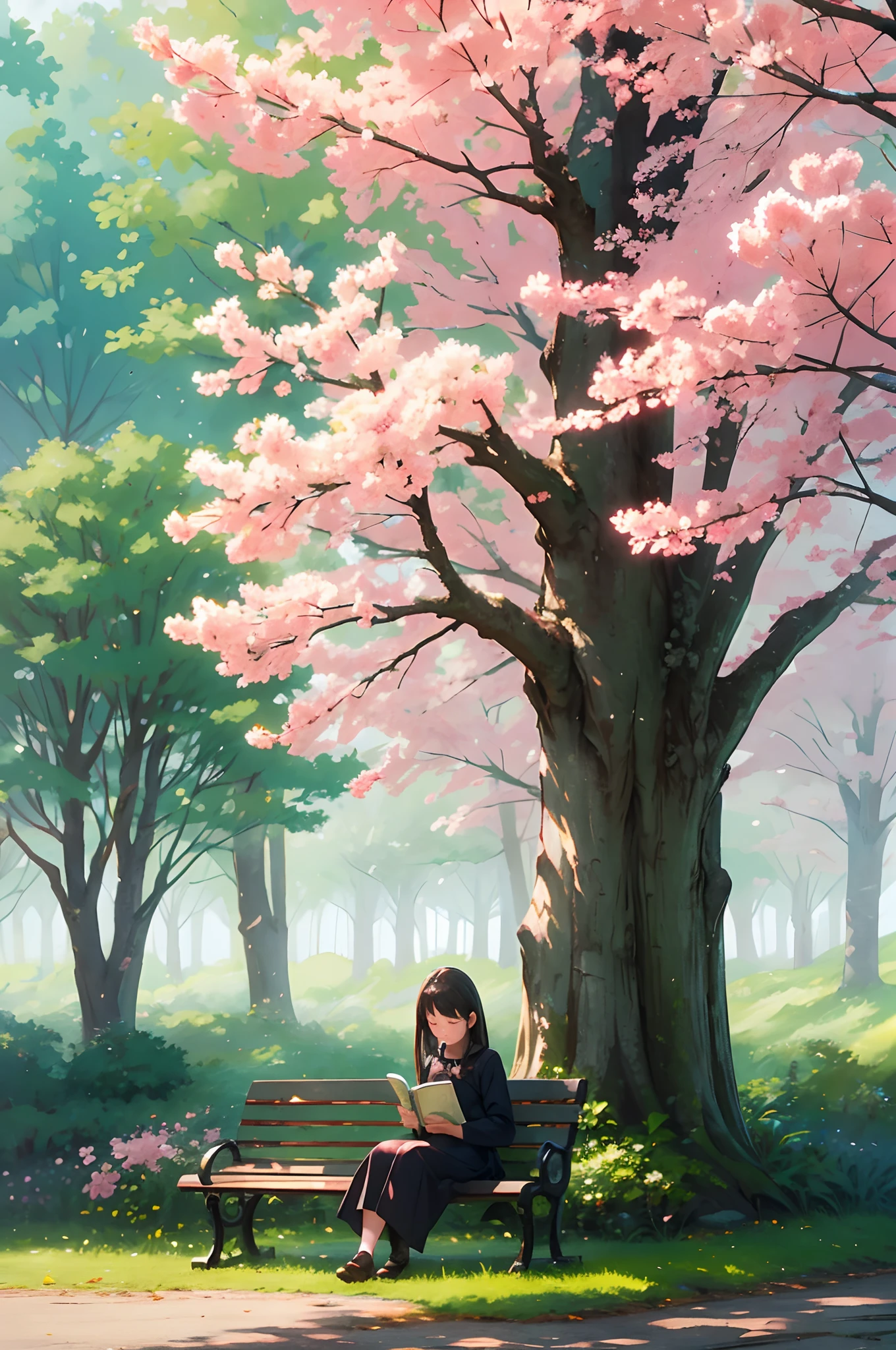 Anime girl sitting on a bench under a tree reading a book - SeaArt AI