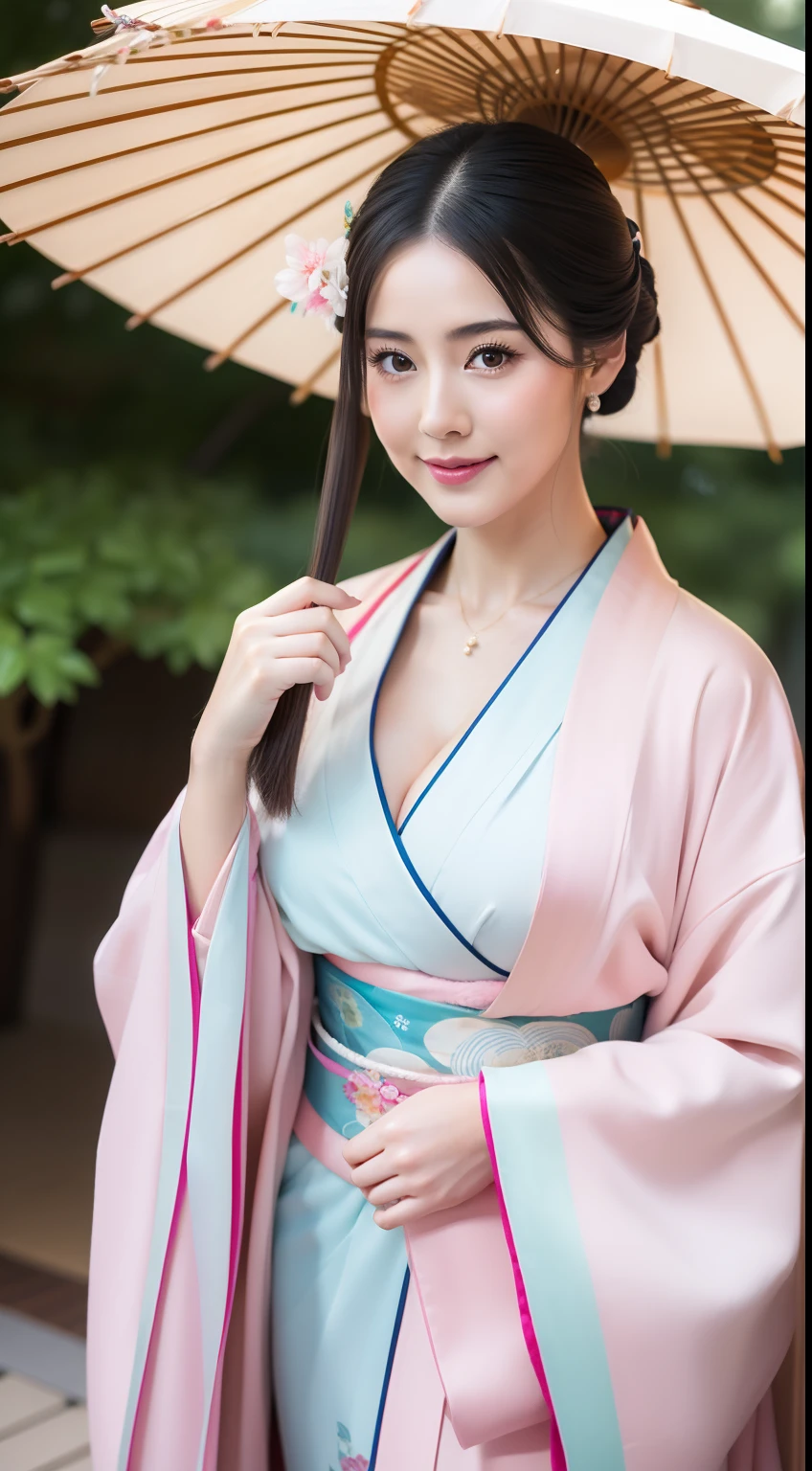 Araffe woman in a pink kimono with a white umbrella - SeaArt AI