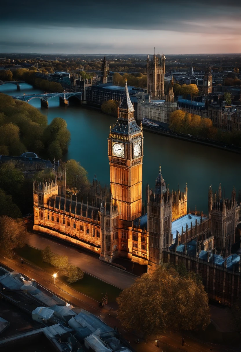 Arafed view of a city with a clock tower and a river - SeaArt AI