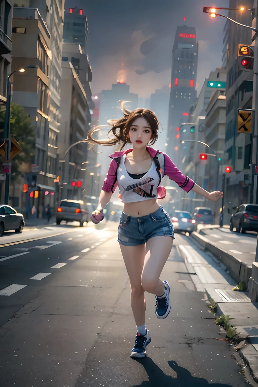 Arafed woman running down a city street in a pink jacket - SeaArt AI