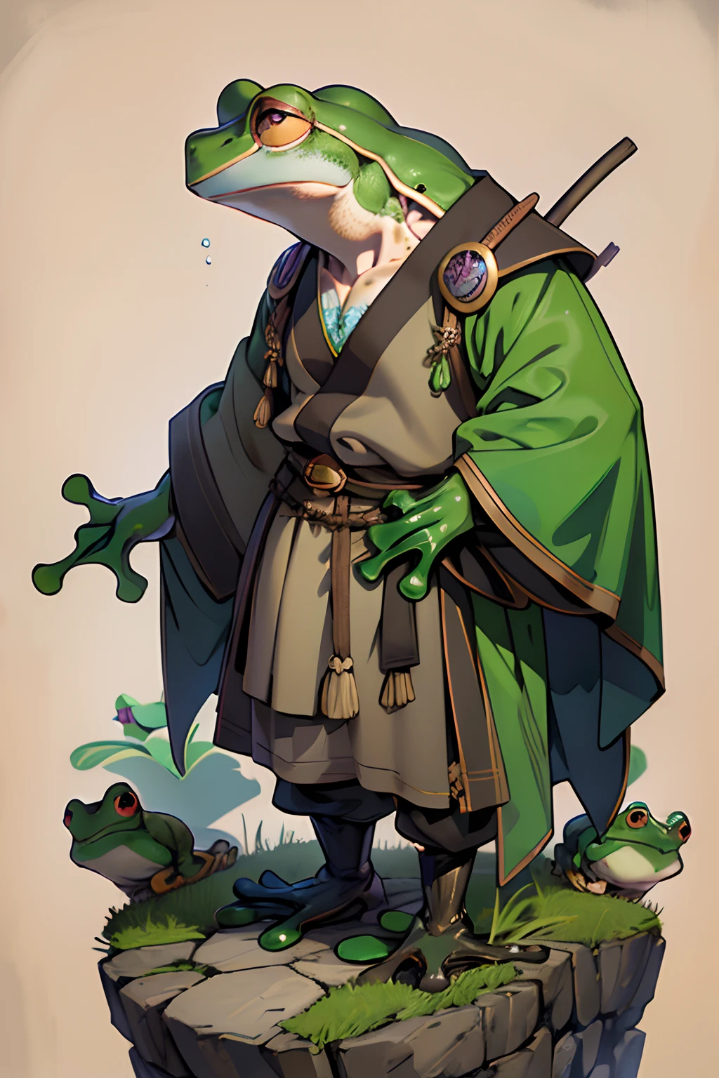 A cartoon frog dressed in a green robe and holding a stick - SeaArt AI