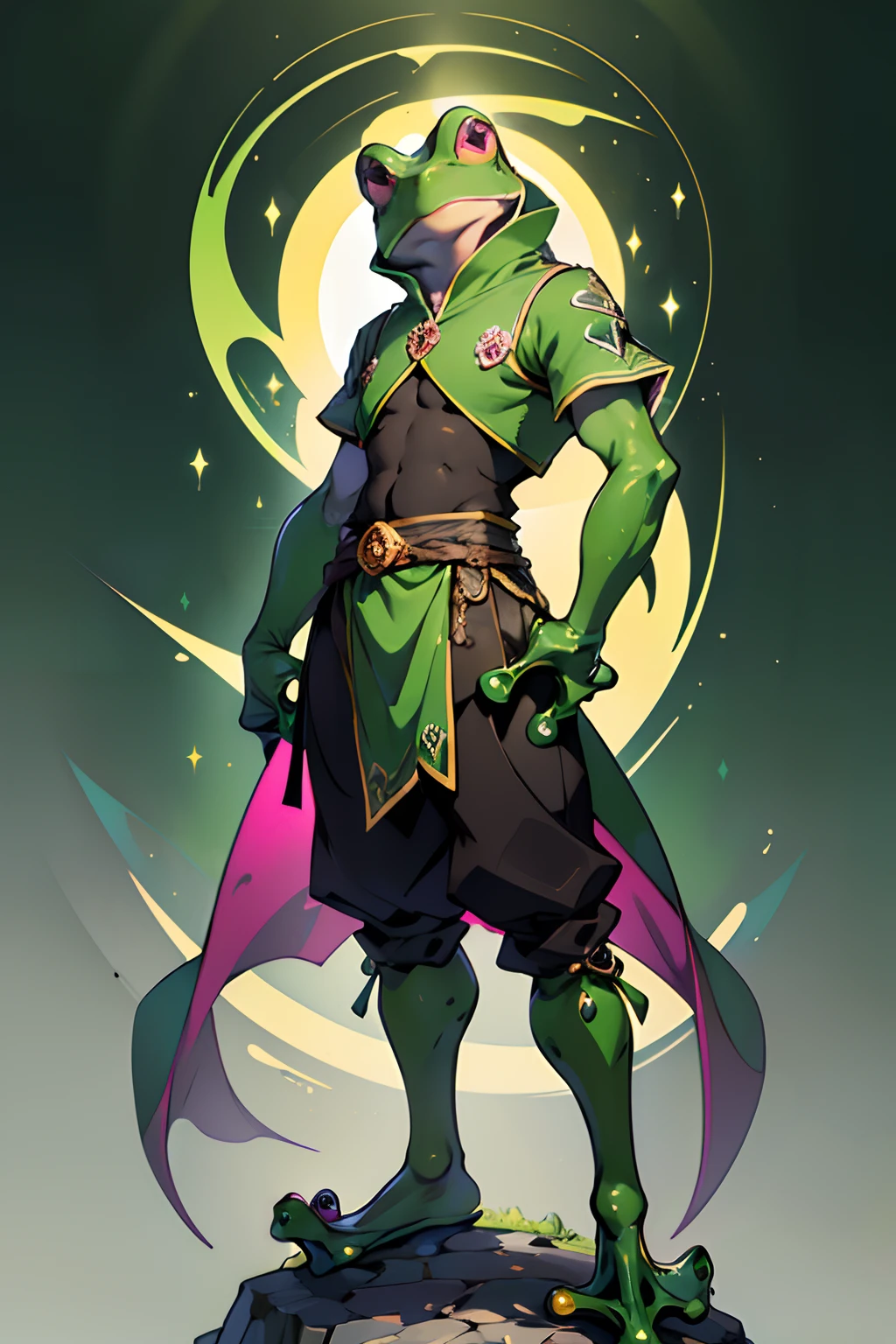 A cartoon frog dressed in a green outfit and a purple cape - SeaArt AI
