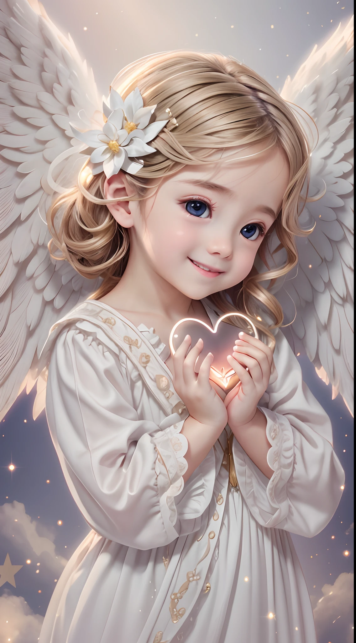 A close up of a child holding a heart with an angel on it - SeaArt AI