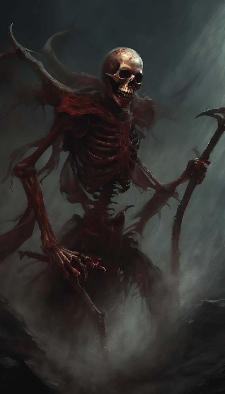 A skeleton with a scyther in the fog - SeaArt AI