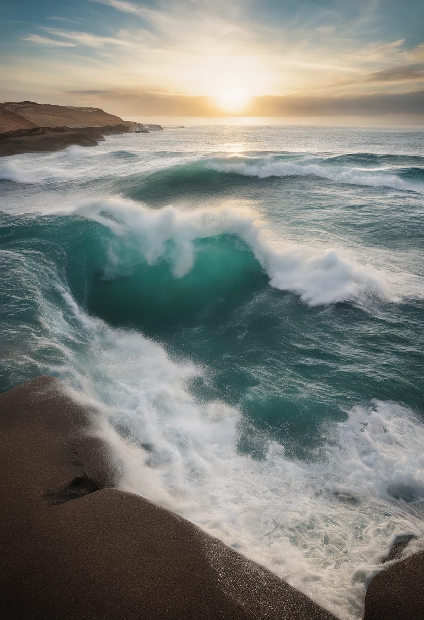 A close up of a wave breaking on a beach with a sunset in the ...