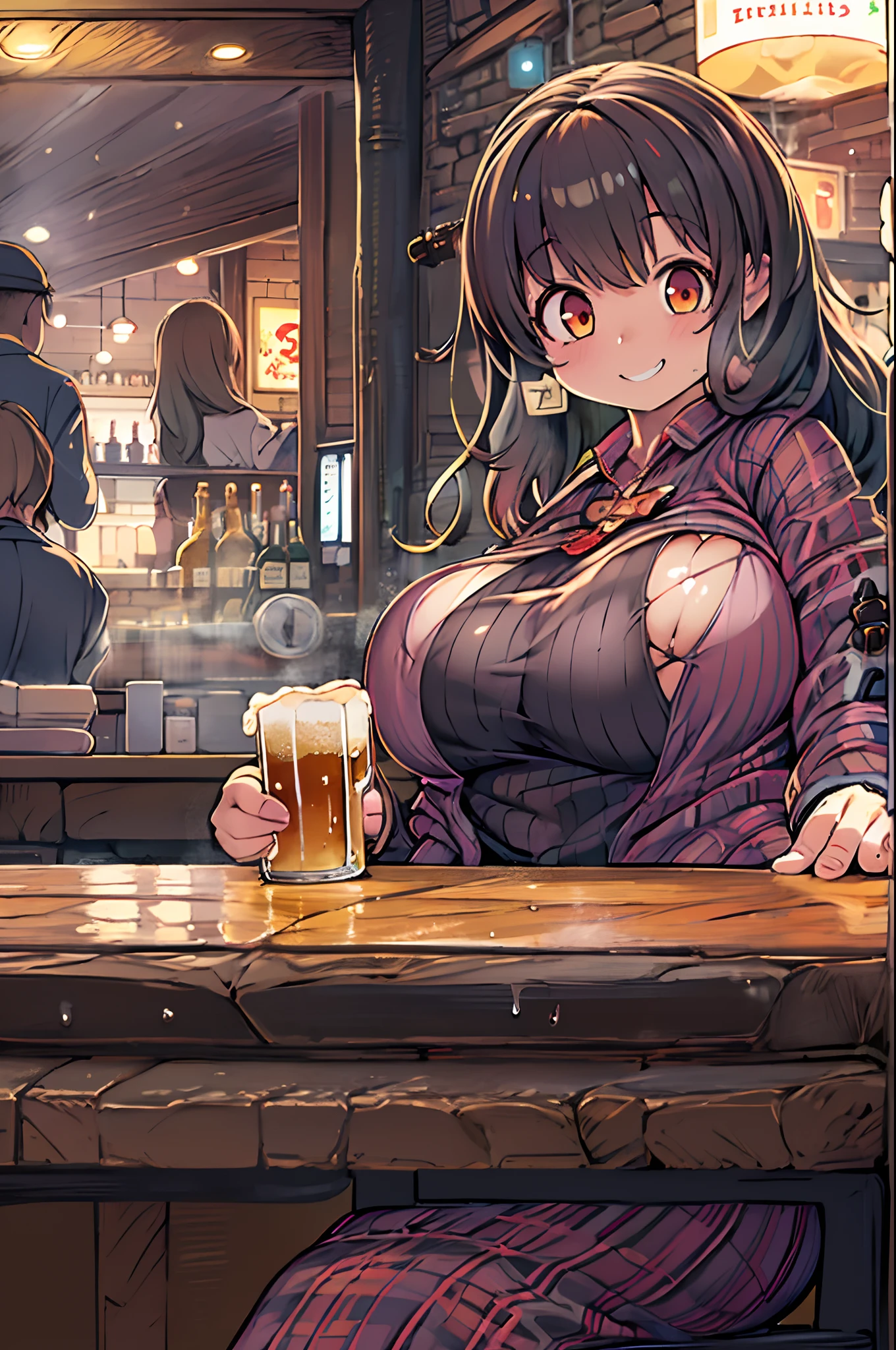 Anime girl sitting at a bar with a beer in her hand - SeaArt AI