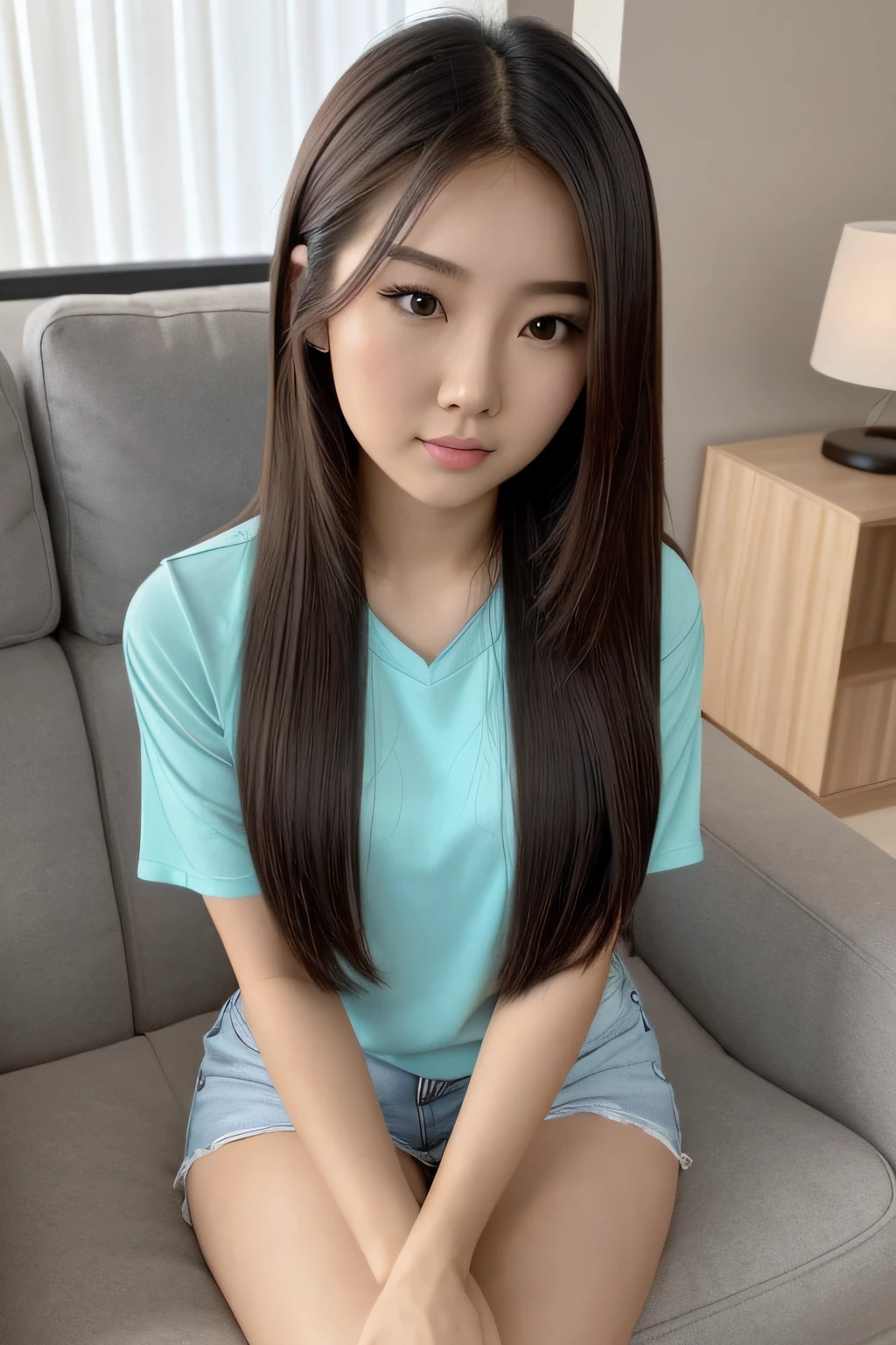 A woman sitting on a couch with a blue shirt on - SeaArt AI