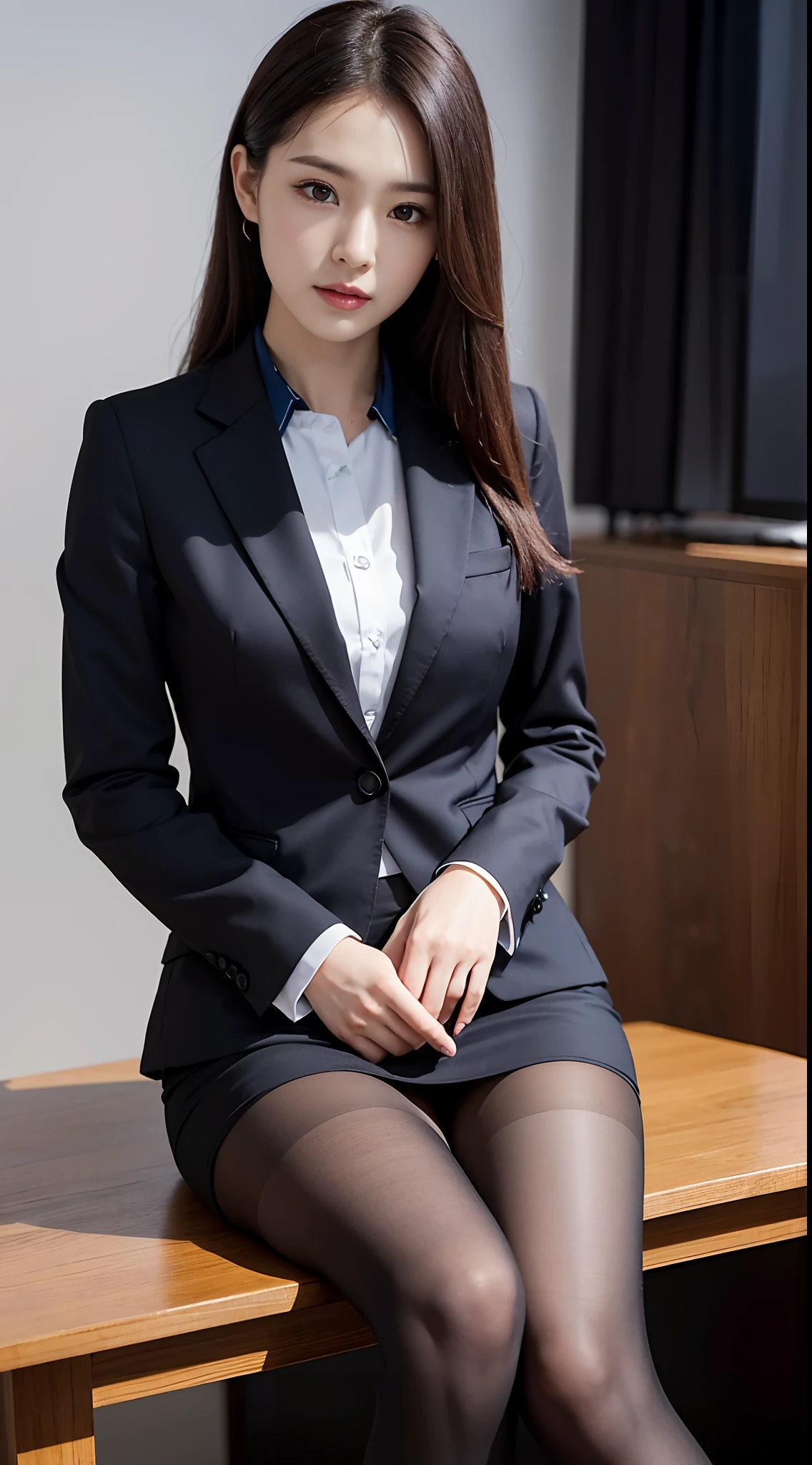 Arafed asian woman in a business suit sitting on a table - SeaArt AI