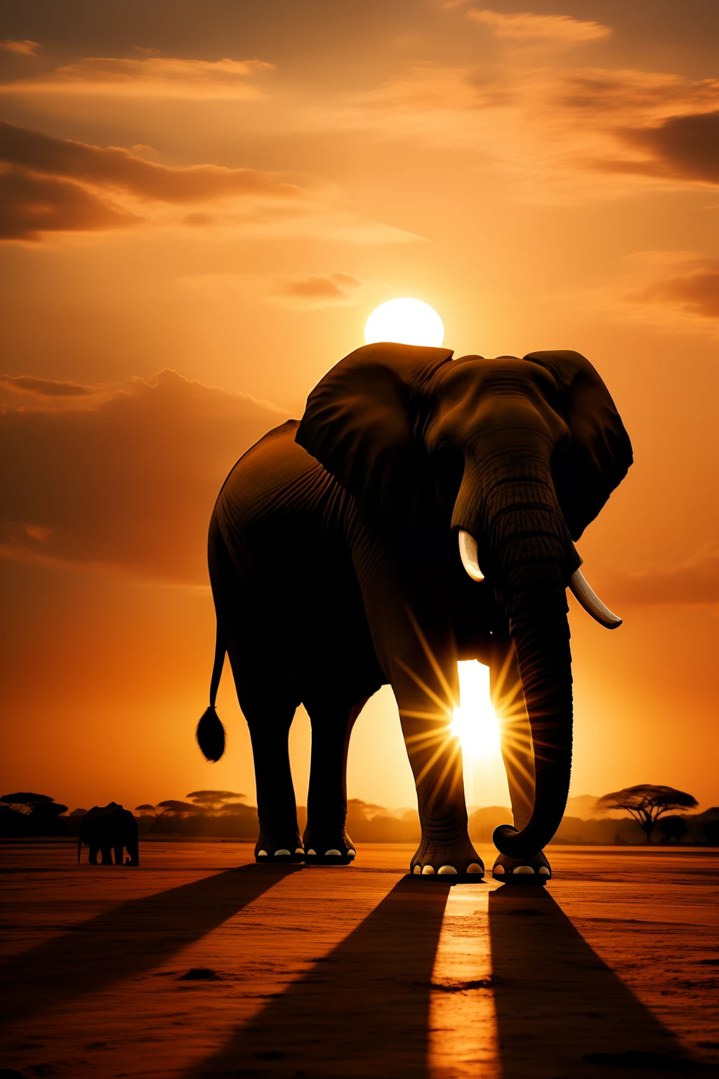 Elephants walking on a sandy beach at sunset with the sun setting ...