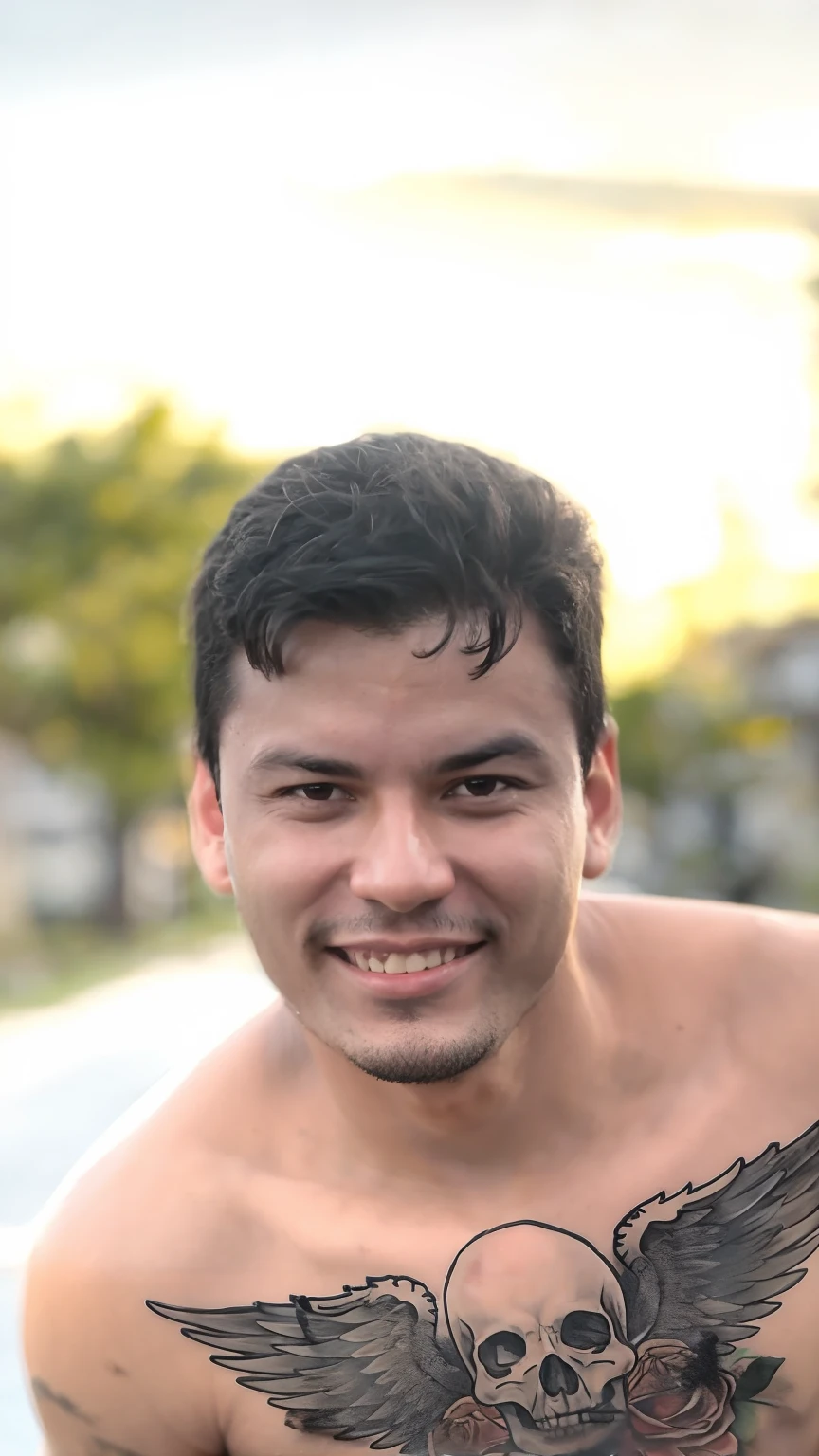 Arafed man with a skull and wings tattoo on his chest - SeaArt AI