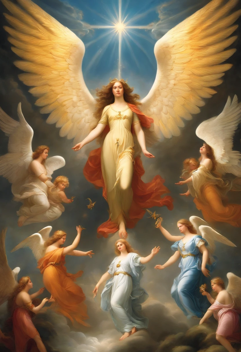 Una pintura de ángeles volando sobre un grupo de mujeres - SeaArt AI