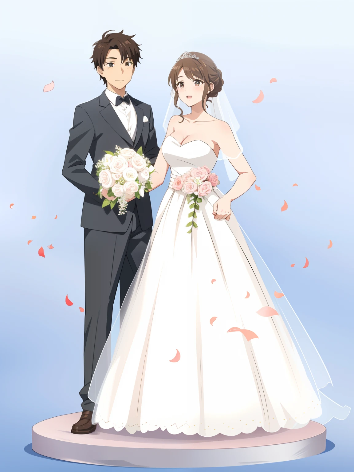 Anime wedding couple in white dress and tuxedo standing on a pedestal ...