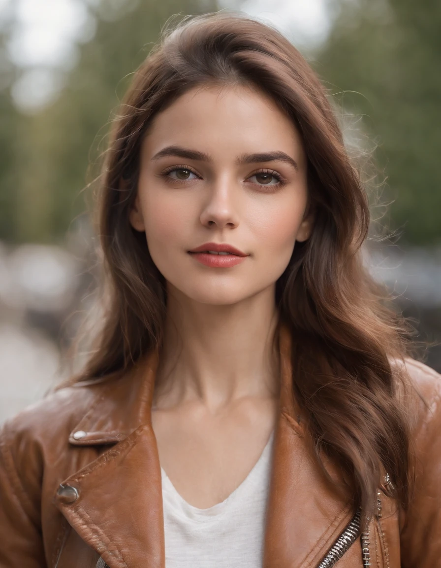 A close up of a woman wearing a brown leather jacket - SeaArt AI