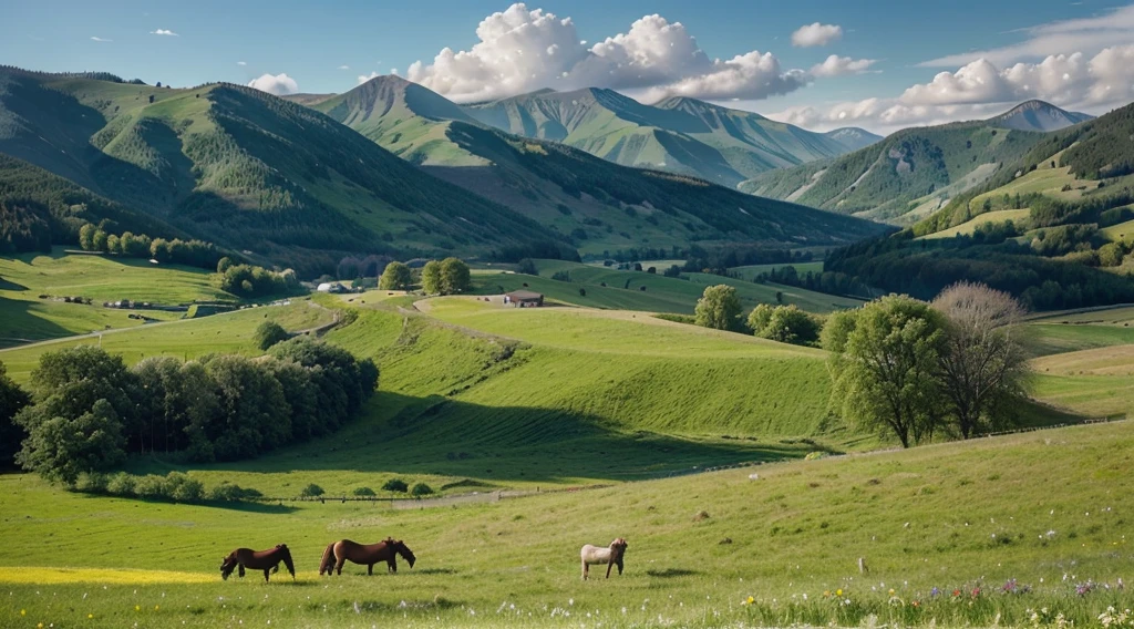 Beautiful green meadows,soft rolling hills,sunshine,fluffy clouds ...