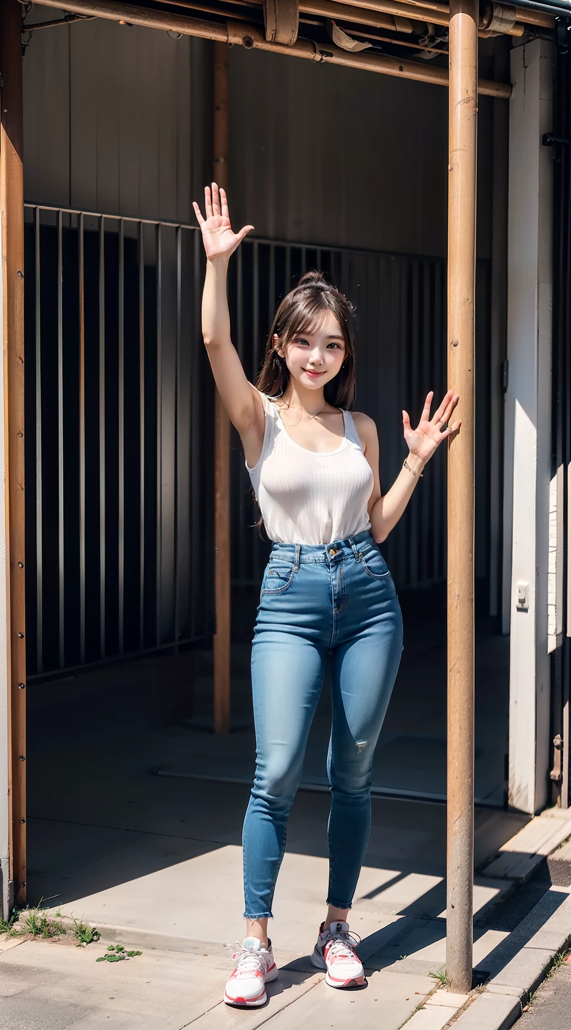 Araffe woman in white top and blue jeans standing on sidewalk - SeaArt AI