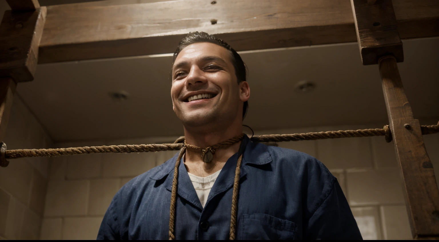 A close up of a man with a rope around his neck - SeaArt AI