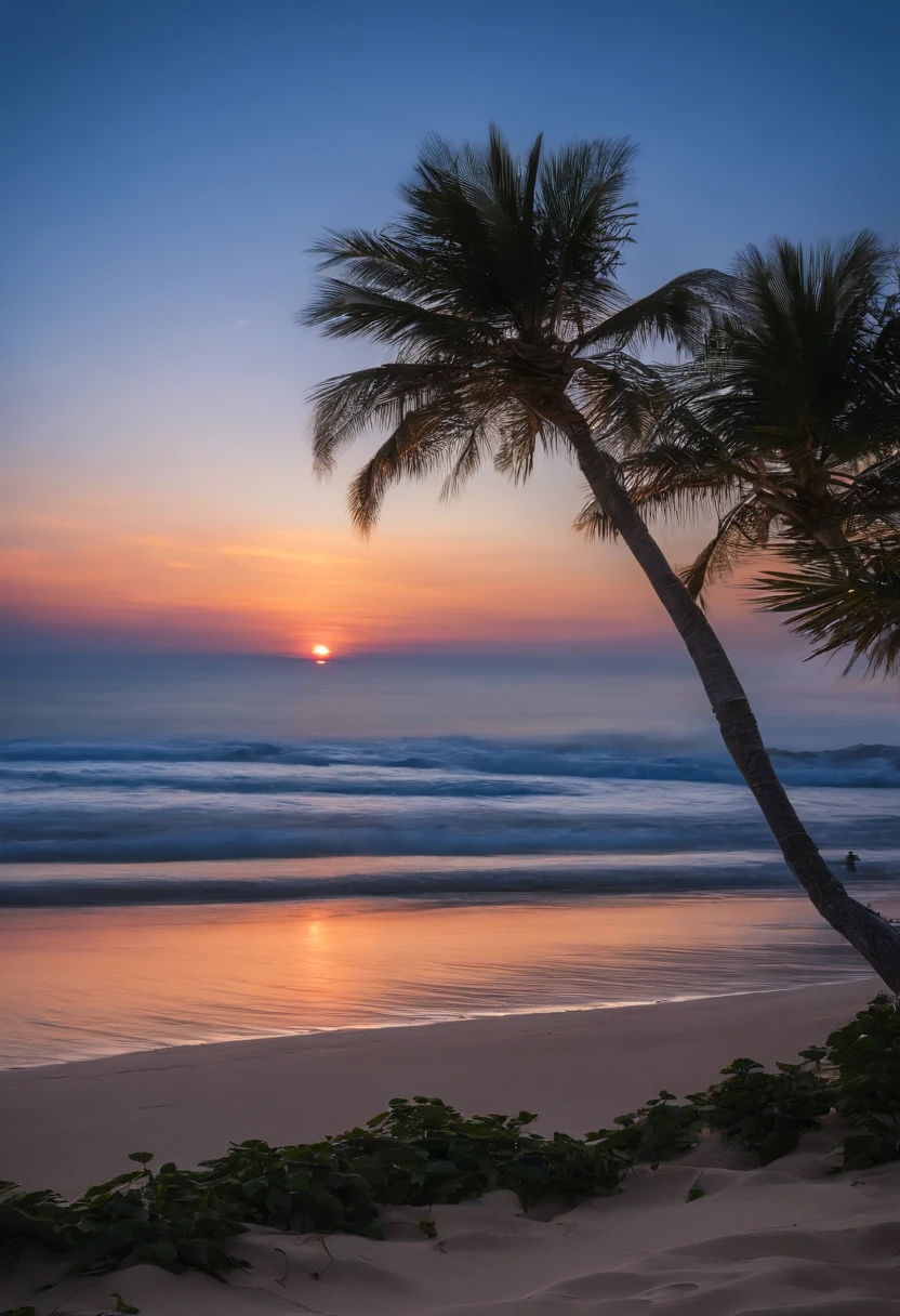 A view of a beach with palm trees and the sun setting - SeaArt AI
