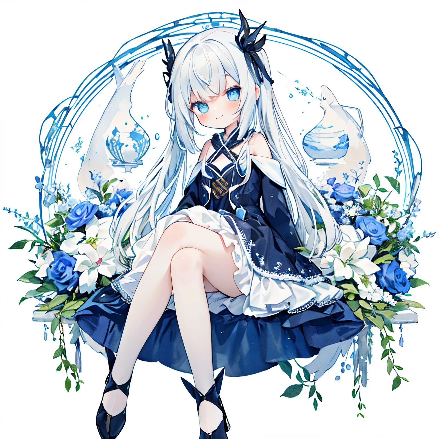 Anime girl sitting on a flowered bench with a blue and white background ...