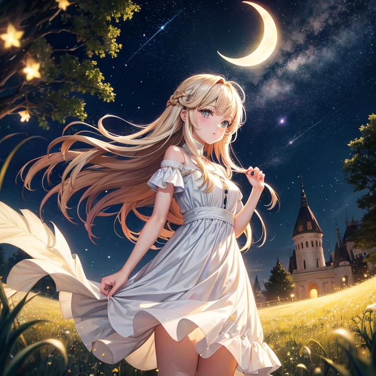 Animesque Fantastical Chestnut haired girl in a white dress starrysky ...
