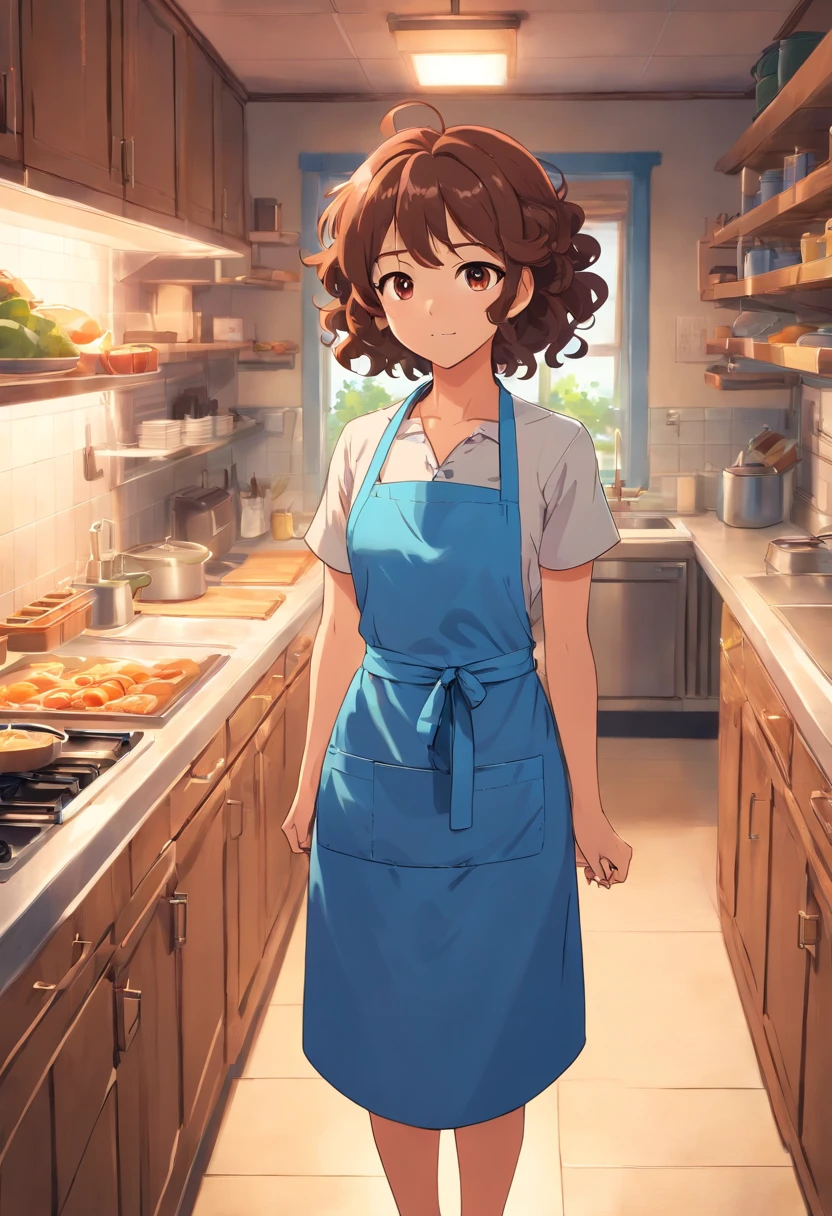 Anime girl in blue apron standing in a kitchen with food on the counter ...