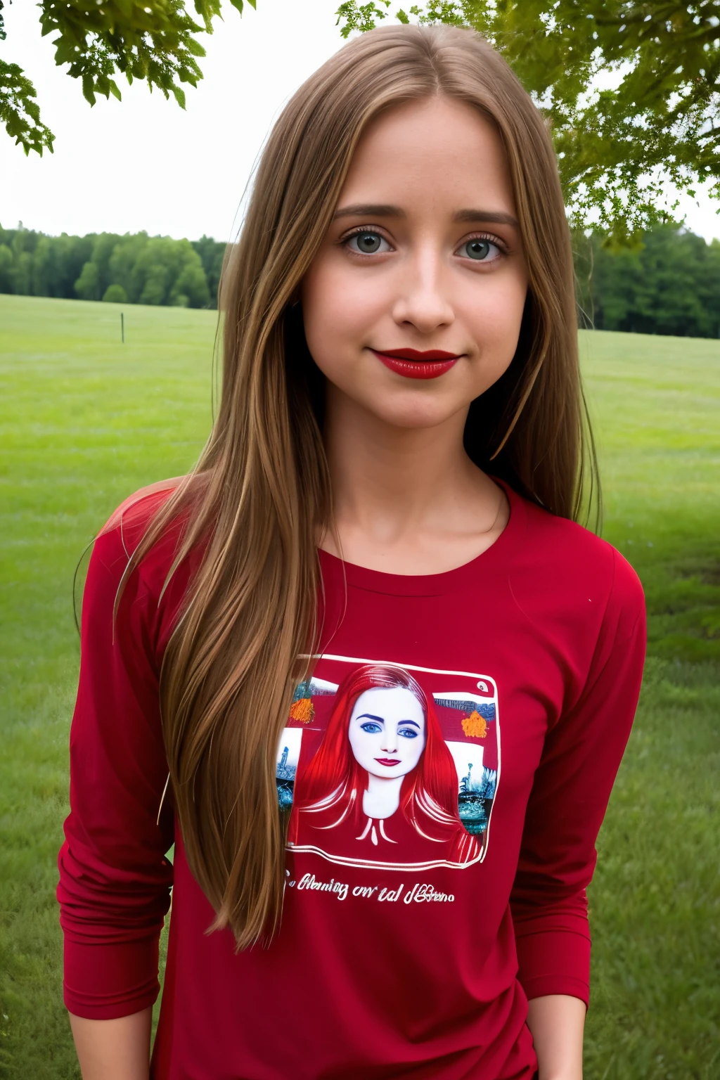A close up of a young girl with long hair wearing a red shirt - SeaArt AI