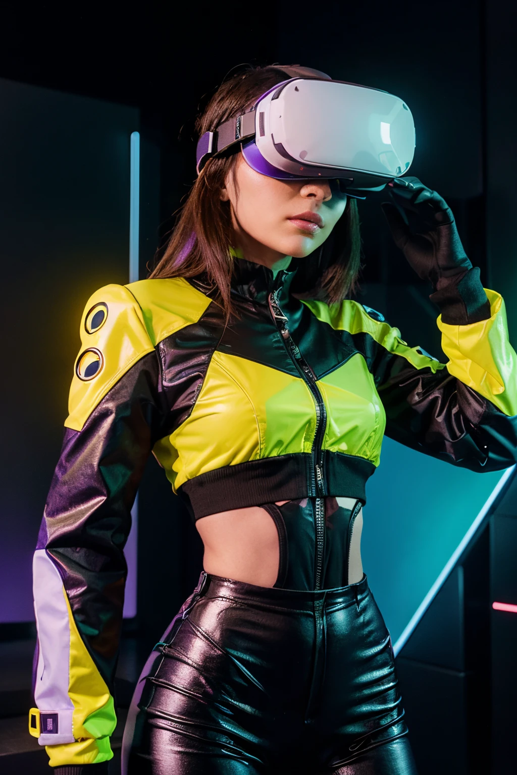 A woman in a yellow and black outfit is wearing a virtual reality ...