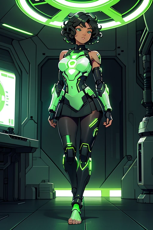 A beautiful, young, barefoot cyborg woman, wearing cybernetic ...