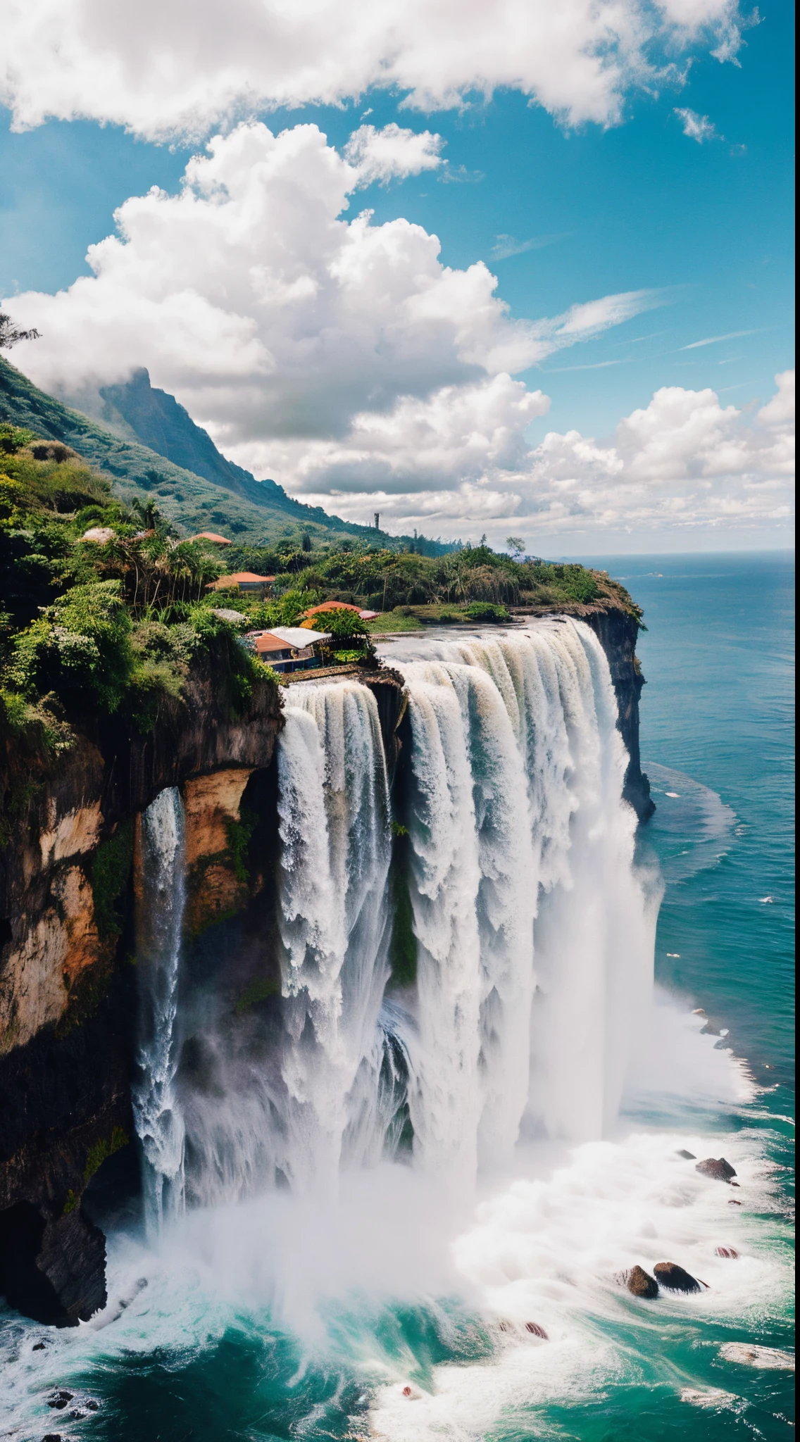 A view of a waterfall with a large amount of water coming out of it ...