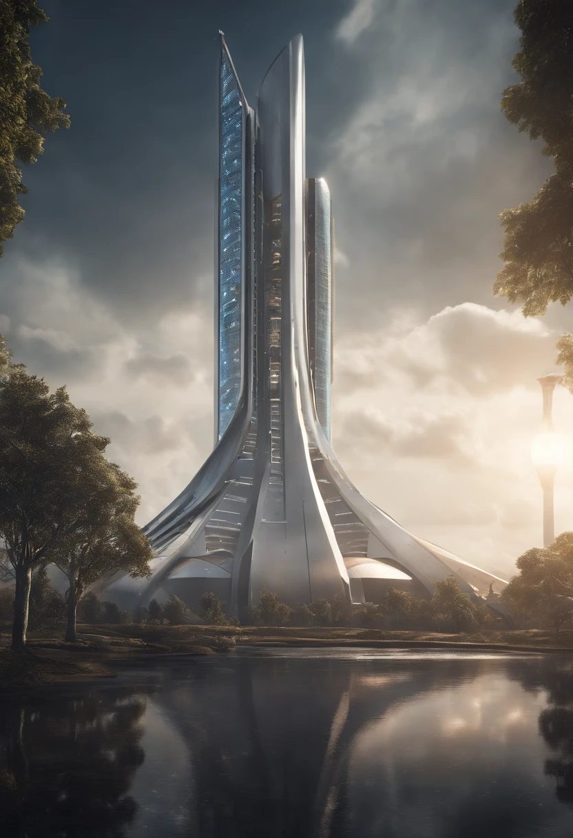 A futuristic building with a large tower in the middle of it - SeaArt AI