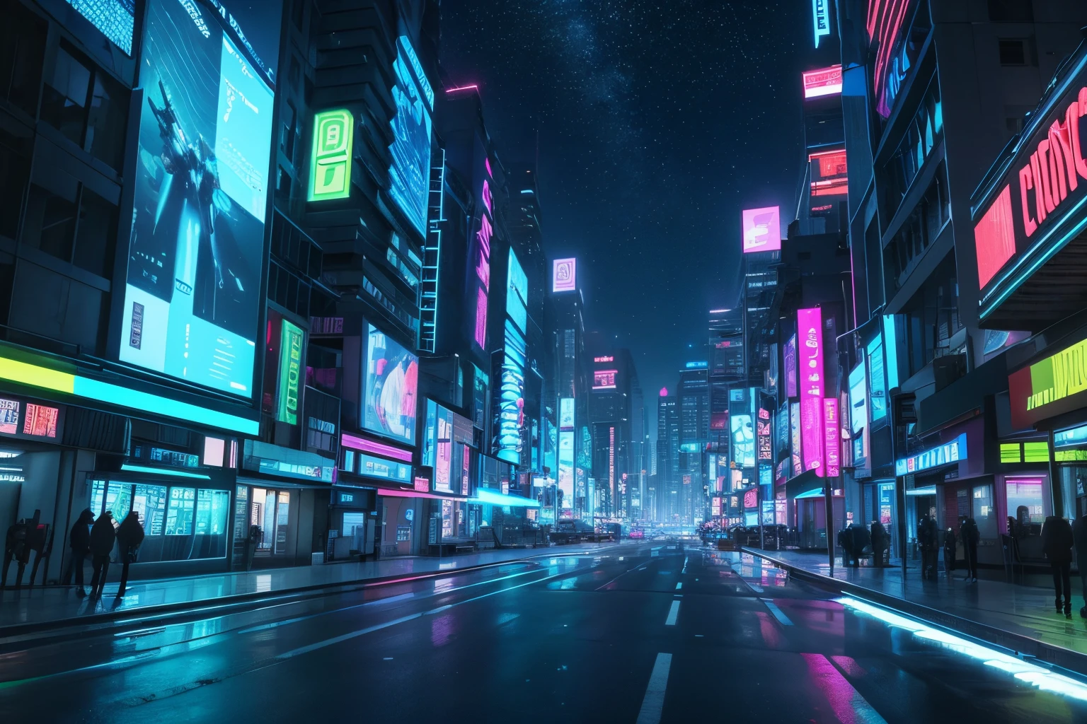 A brightly lit city street at night with neon signs and people - SeaArt AI