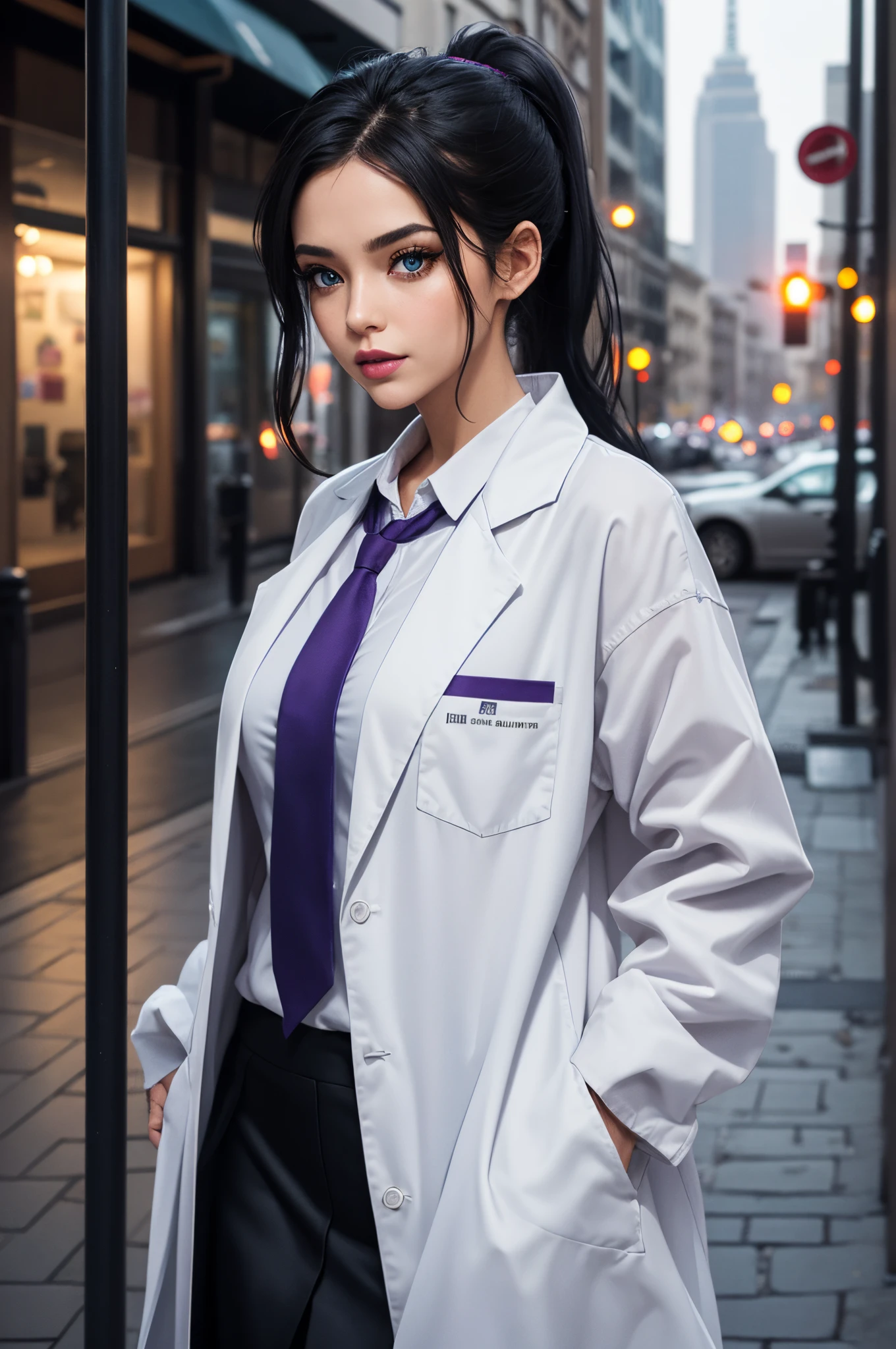 Arafed woman in a white lab coat and purple tie standing on a sidewalk ...