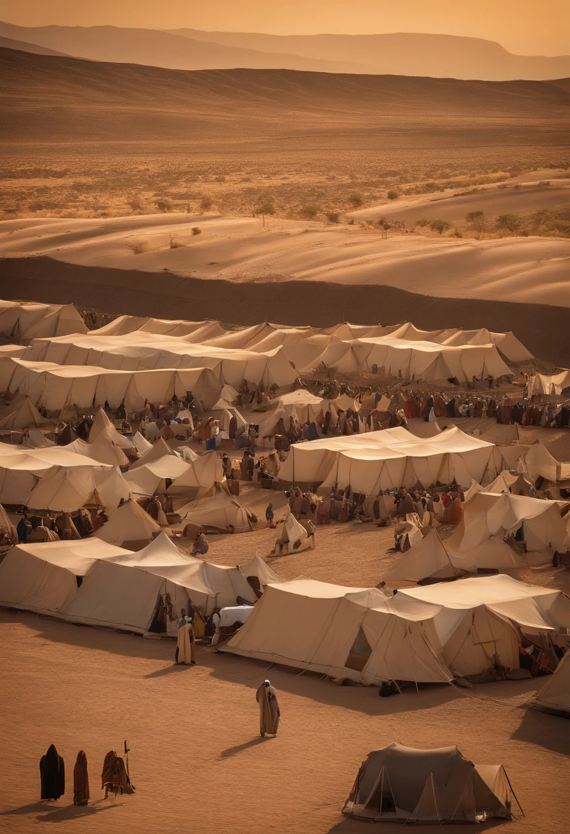 Tents are set up in the desert with people walking around - SeaArt AI