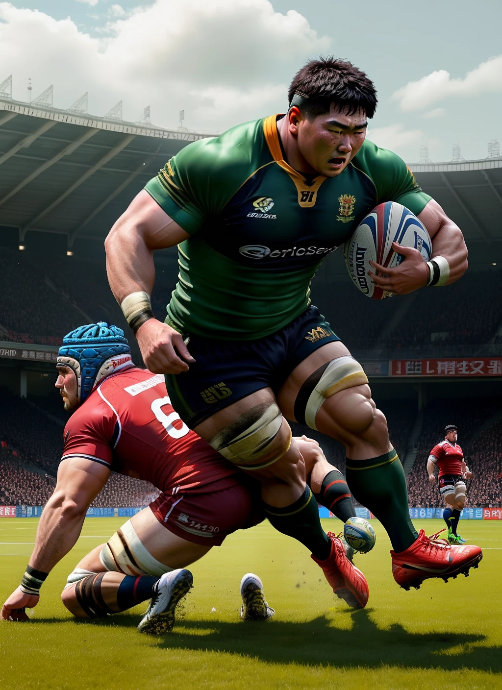 A close up of a rugby player is running with the ball - SeaArt AI