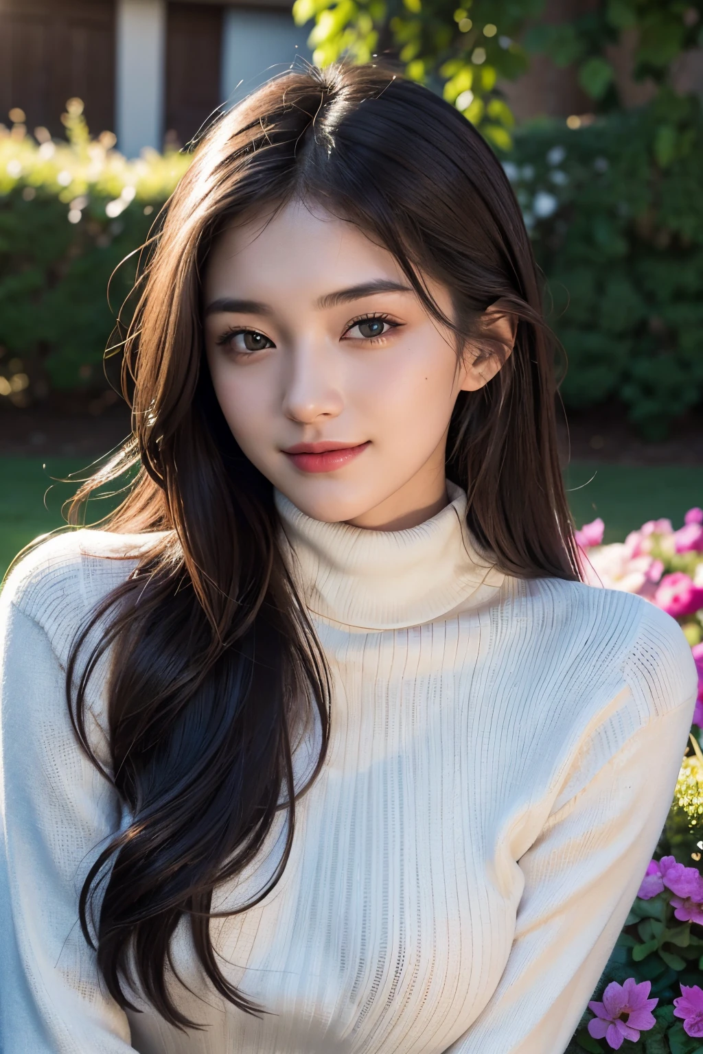 A woman in a white turtle neck sweater sitting on a bench - SeaArt AI