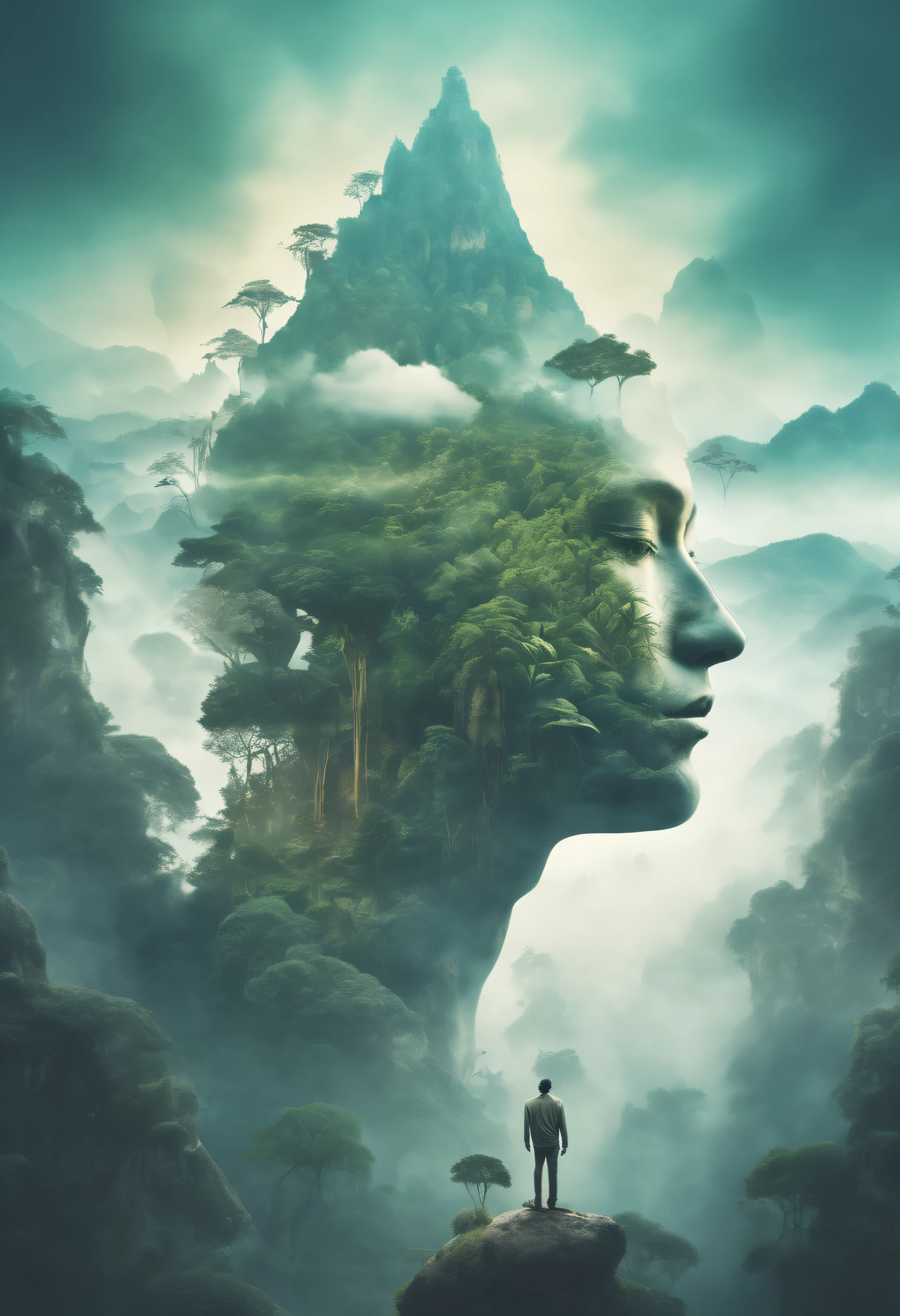 Arafed image of a man standing on a cliff with a mountain in the ...