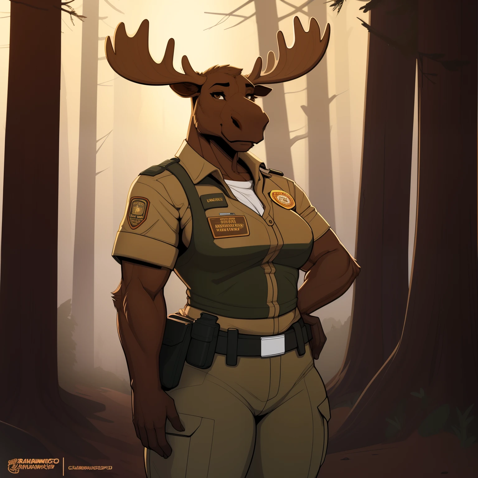 A cartoon moose in a forest with a gun in its hand - SeaArt AI