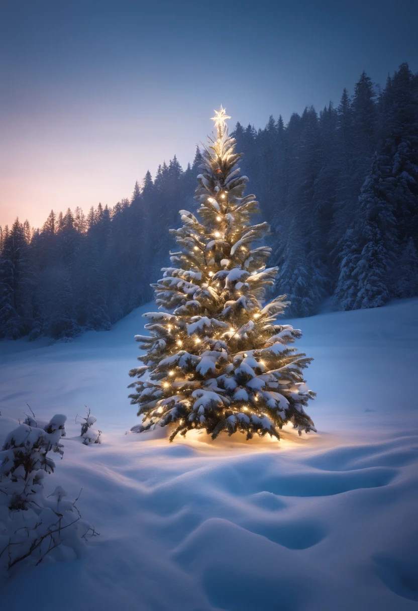 A christmas tree in the snow with a star on top - SeaArt AI