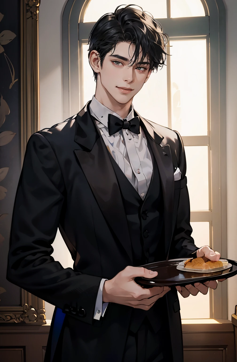 Arafed image of a man in a tuxedo holding a tray of food - SeaArt AI