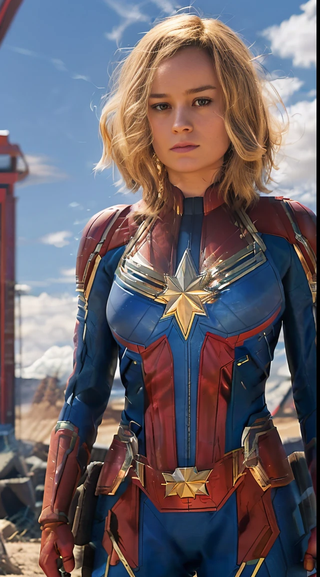 A woman in a captain marvel costume standing in front of a building ...