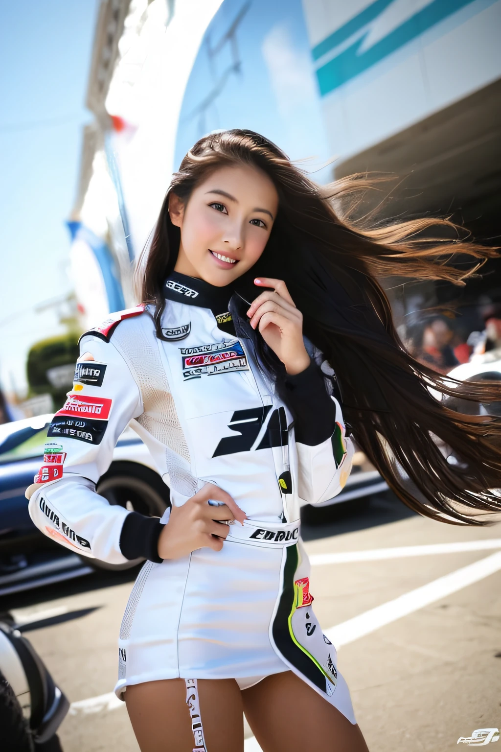 A woman in a racing suit posing for a picture - SeaArt AI
