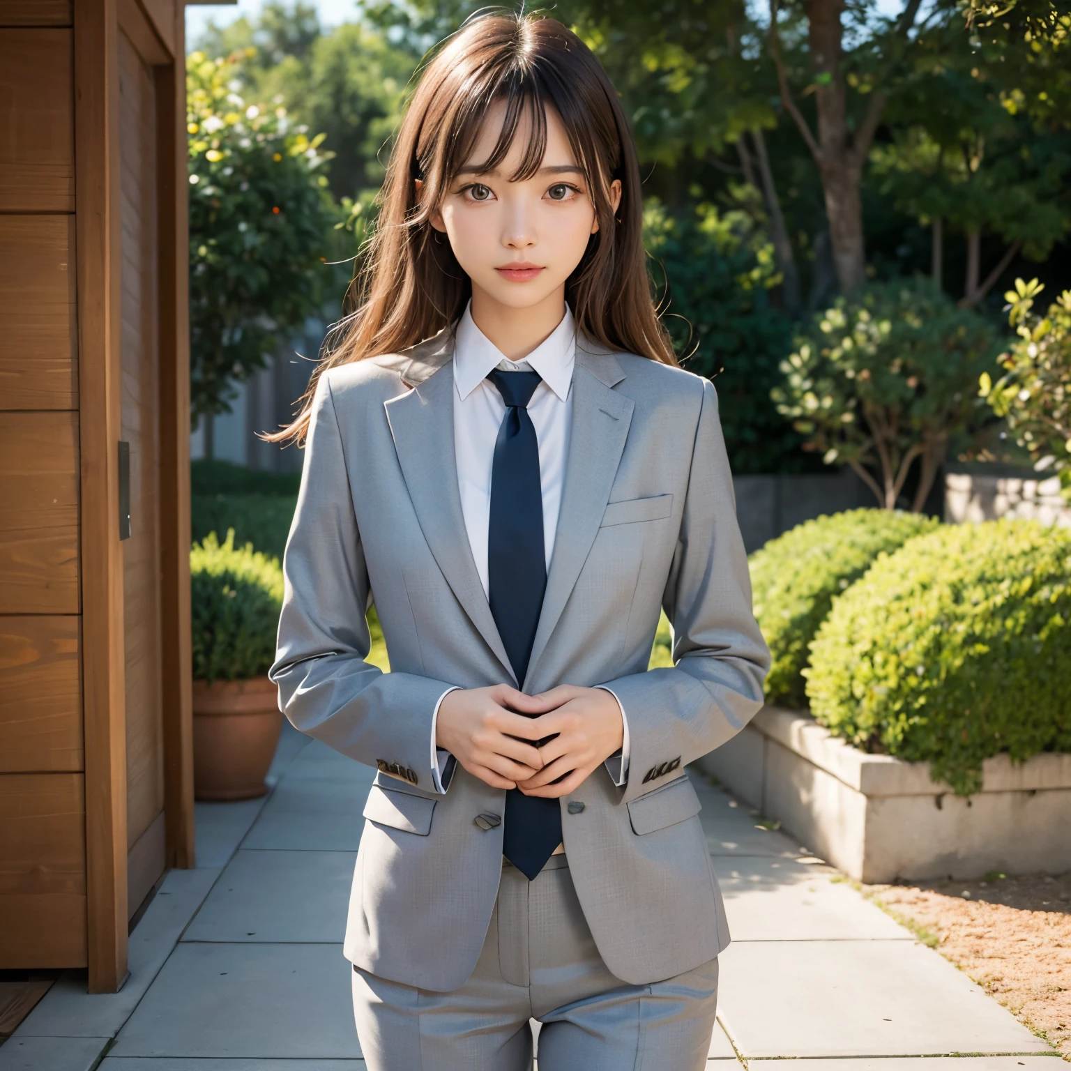 Araffe woman in a suit and tie standing on a sidewalk - SeaArt AI