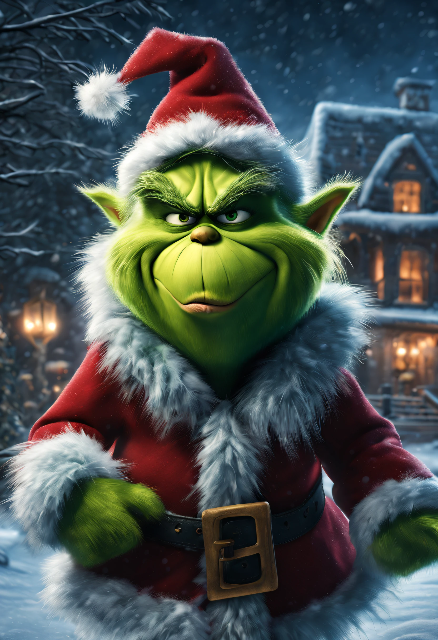 The grin is dressed in a santa claus outfit and holding a christmas ...