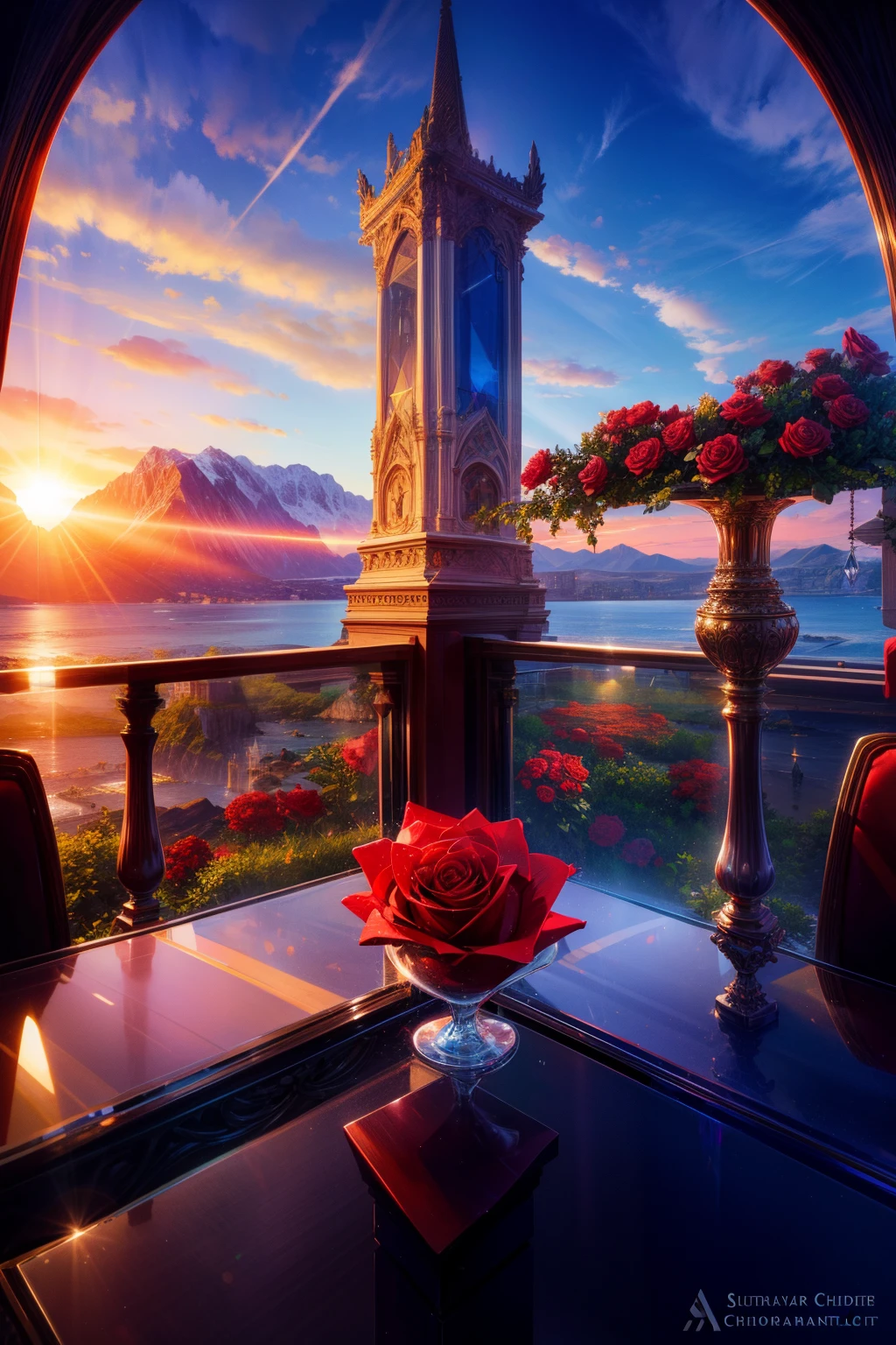 A view of a table with a vase of flowers on it - SeaArt AI