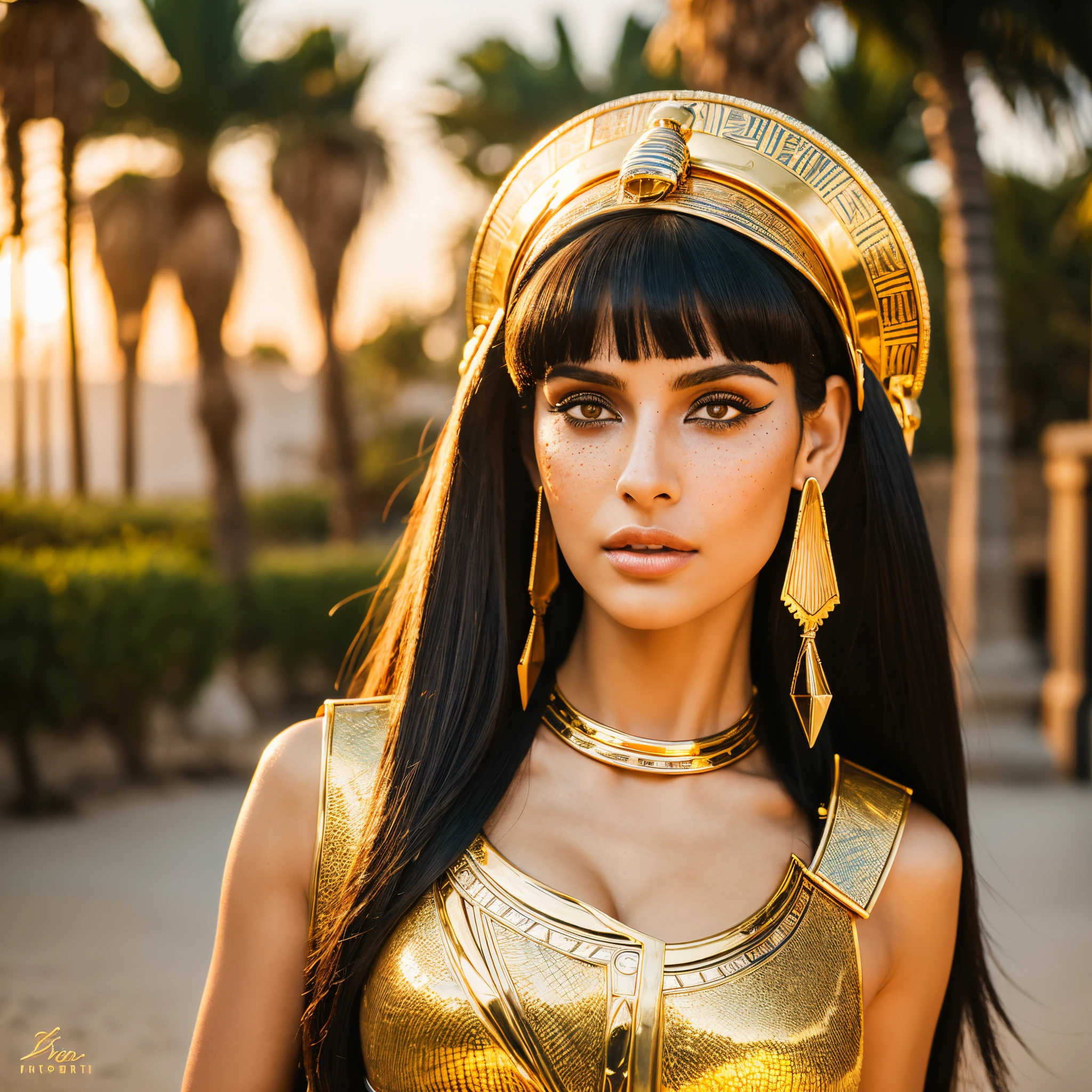 A woman in a gold dress and gold headpiece posing for a picture - SeaArt AI