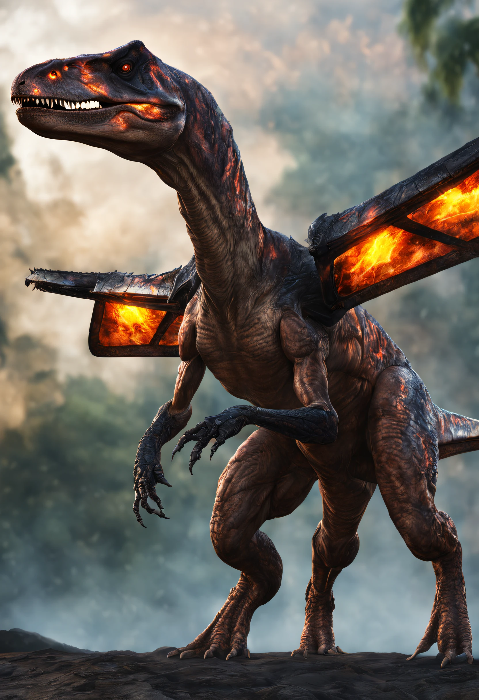 A close up of a dinosaur with fire on its back - SeaArt AI