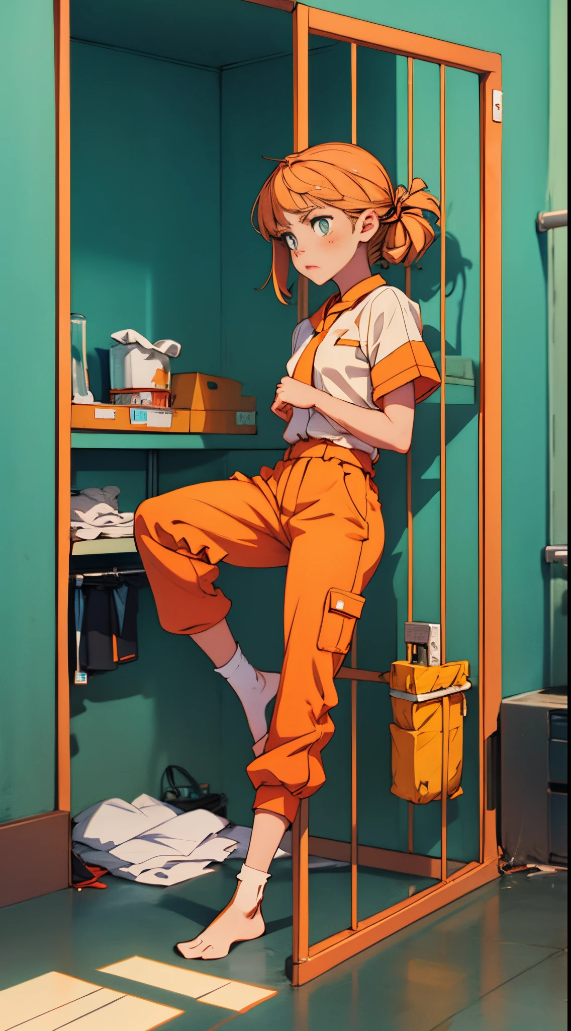 Anime girl leaning on a door in a room with a shelf - SeaArt AI