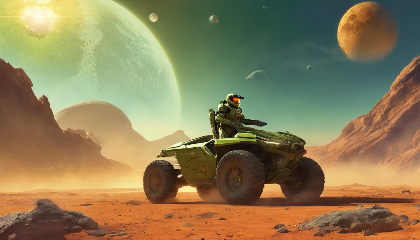 A close up of a person riding a four wheeler in a desert - SeaArt AI